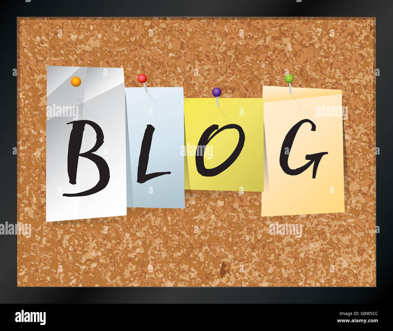 An illustration of the word "BLOG" written on pieces of colored paper ...