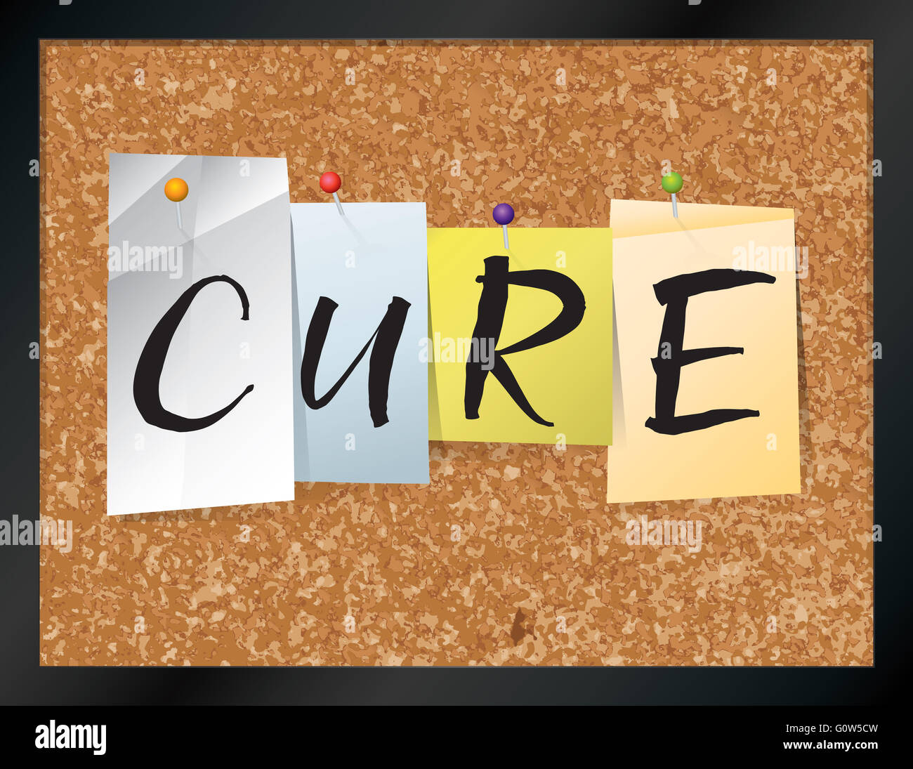An illustration of the word "CURE" written on pieces of colored paper ...
