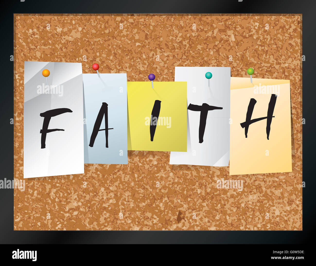 An illustration of the word "FAITH" written on pieces of colored paper ...