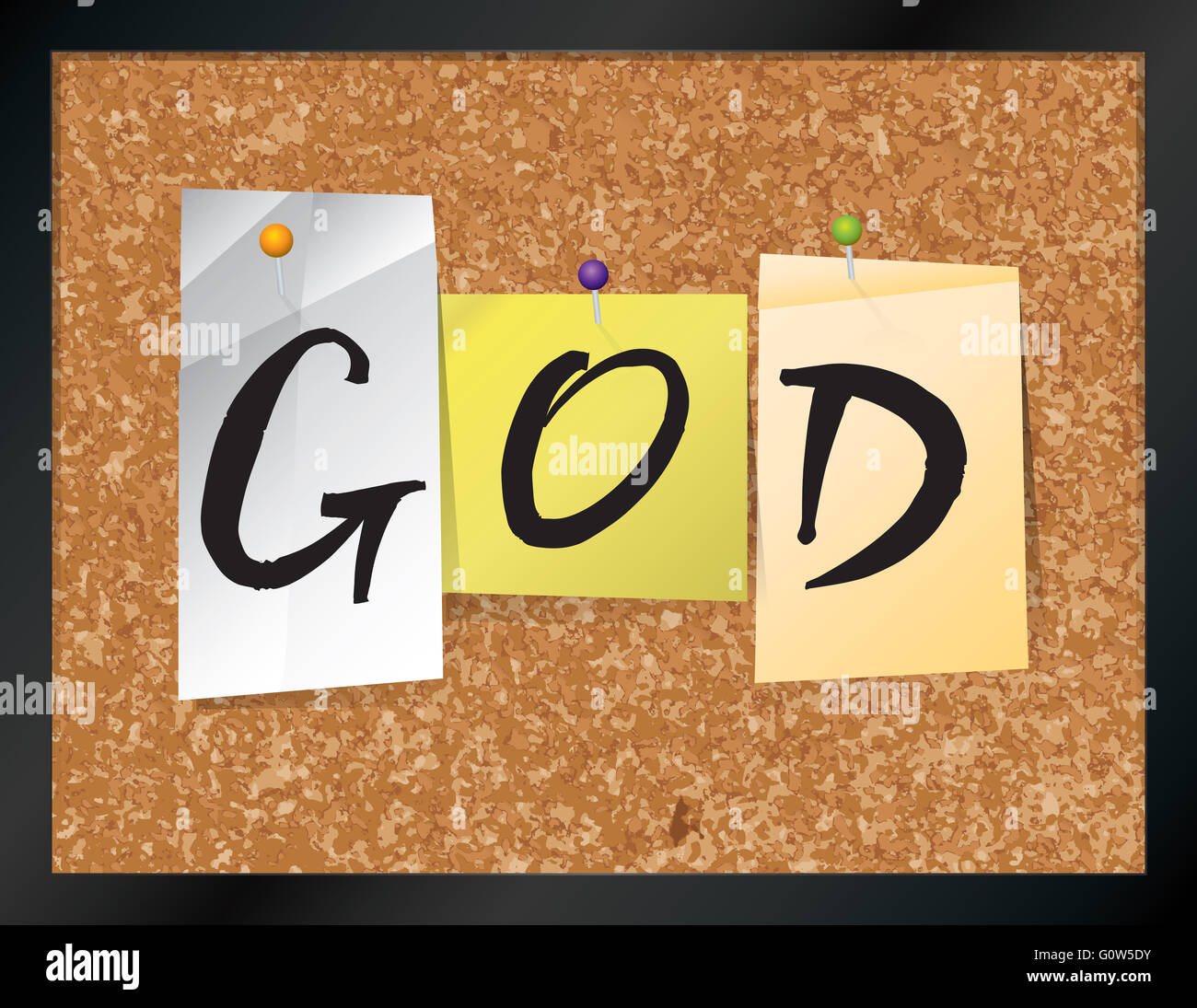 An illustration of the word "GOD" written on pieces of colored paper ...