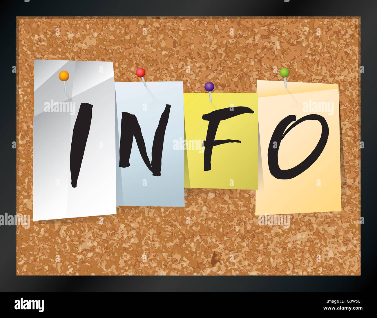 An illustration of the word "INFO" written on pieces of colored paper ...