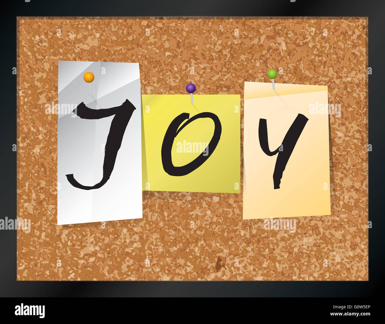 An illustration of the word "JOY" written on pieces of colored paper ...