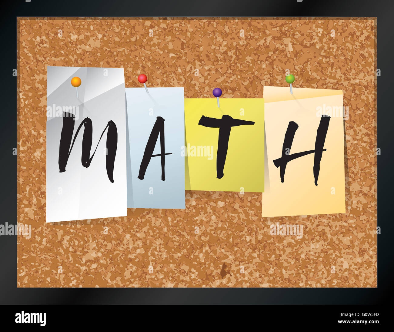 An illustration of the word "MATH" written on pieces of colored paper ...