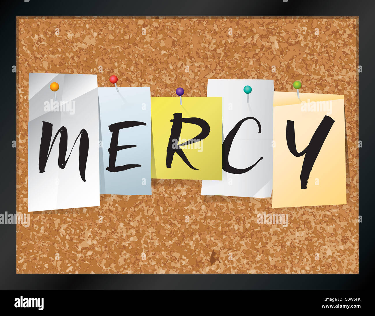 An illustration of the word "MERCY" written on pieces of colored paper ...