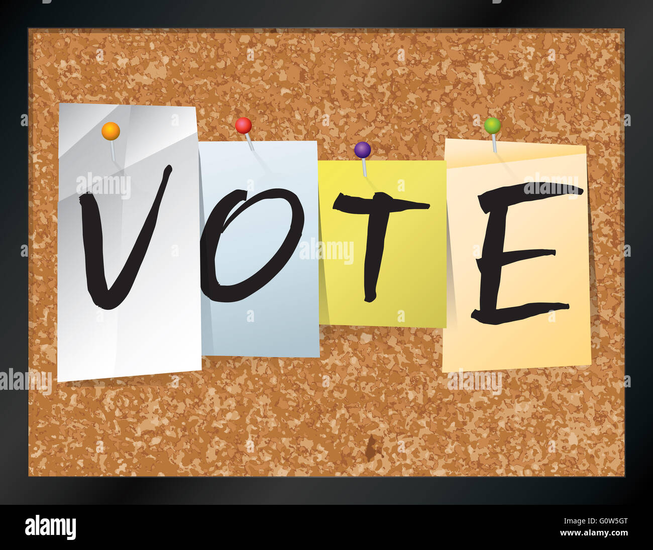 An illustration of the word "VOTE" written on pieces of colored paper ...