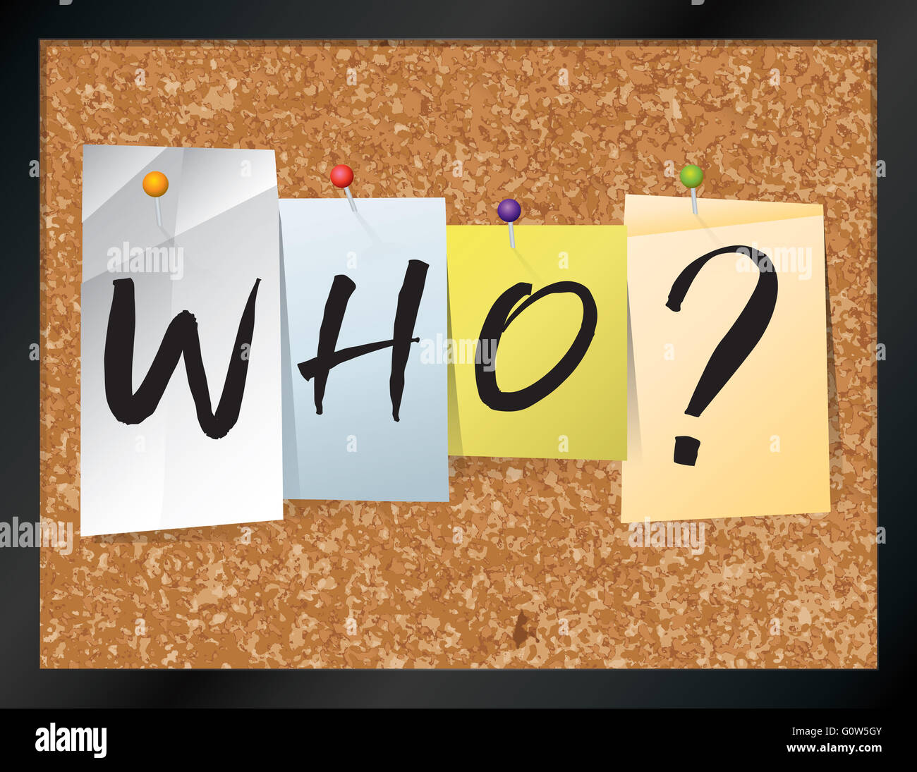 An illustration of the word "WHO?" written on pieces of colored paper ...