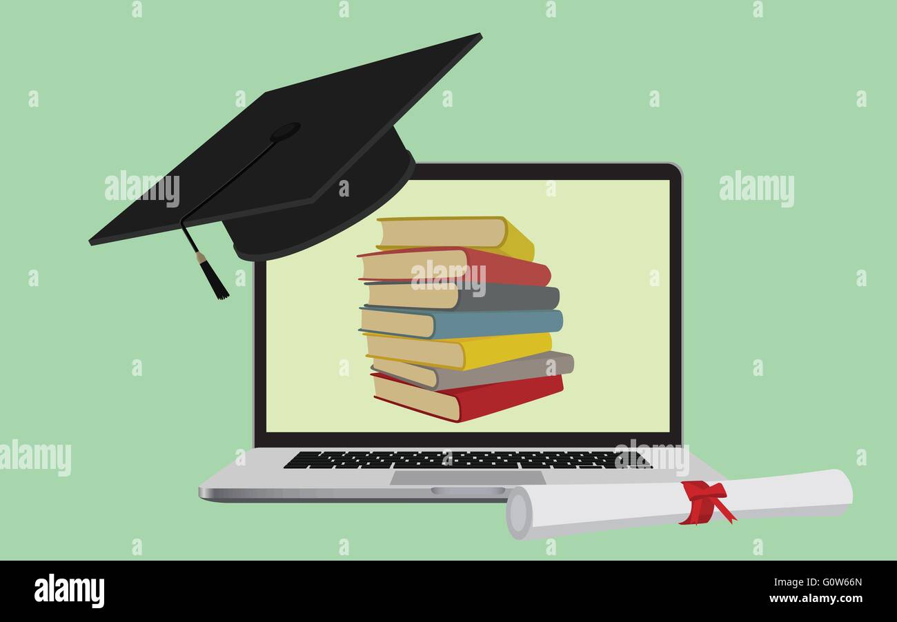 online education graduate graduation cap laptop notebook and book stack ...