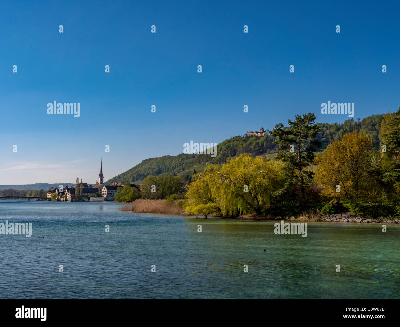 View from the island group of Werd on the Rhine, behind the old town of ...