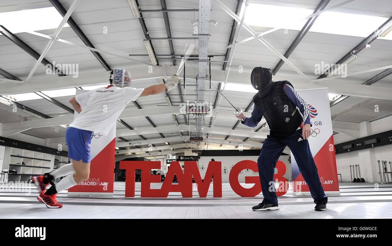 London, UK. 5th May, 2016. Richard Kruse (Mens foil) training. TeamGB ...