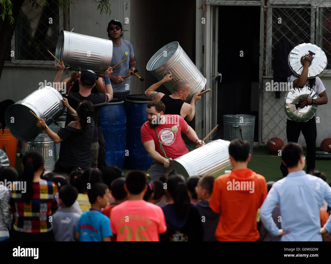 Beijing, China. 5th May, 2016. Members of Stomp, a percussion group ...