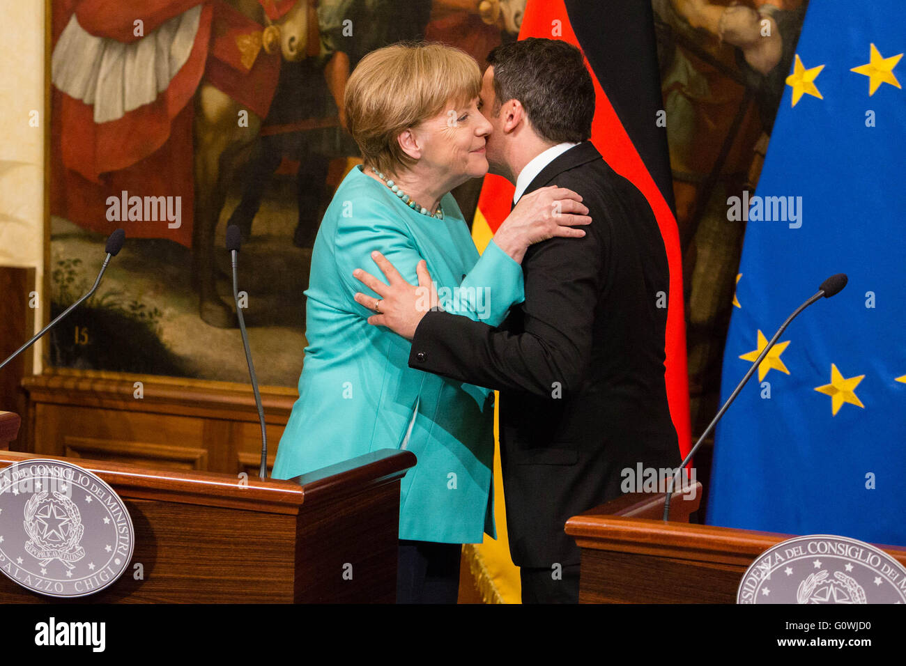 Rome, Italy. 5th May, 2016. Angela Merkel and Matteo Renzi at press ...