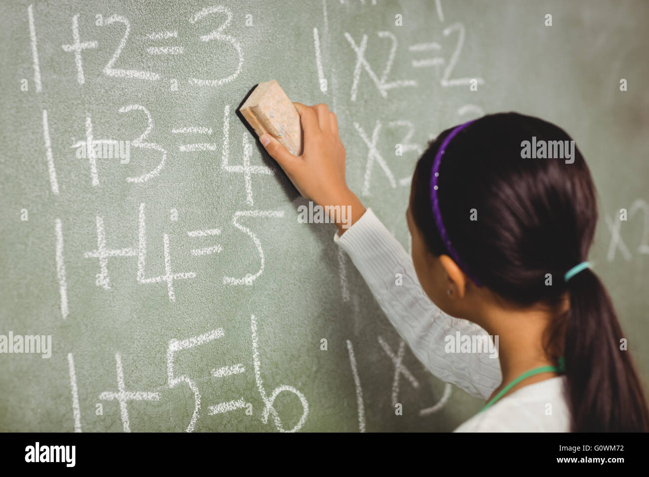 Girl using a sponge for blackboard Stock Photo - Alamy
