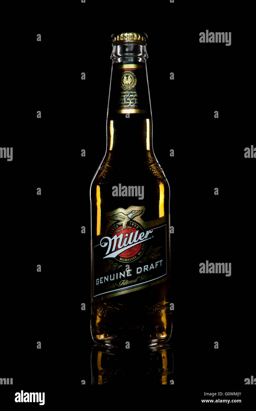 A bottle of Miller Genuine Draft beer photographed in a home studio ...