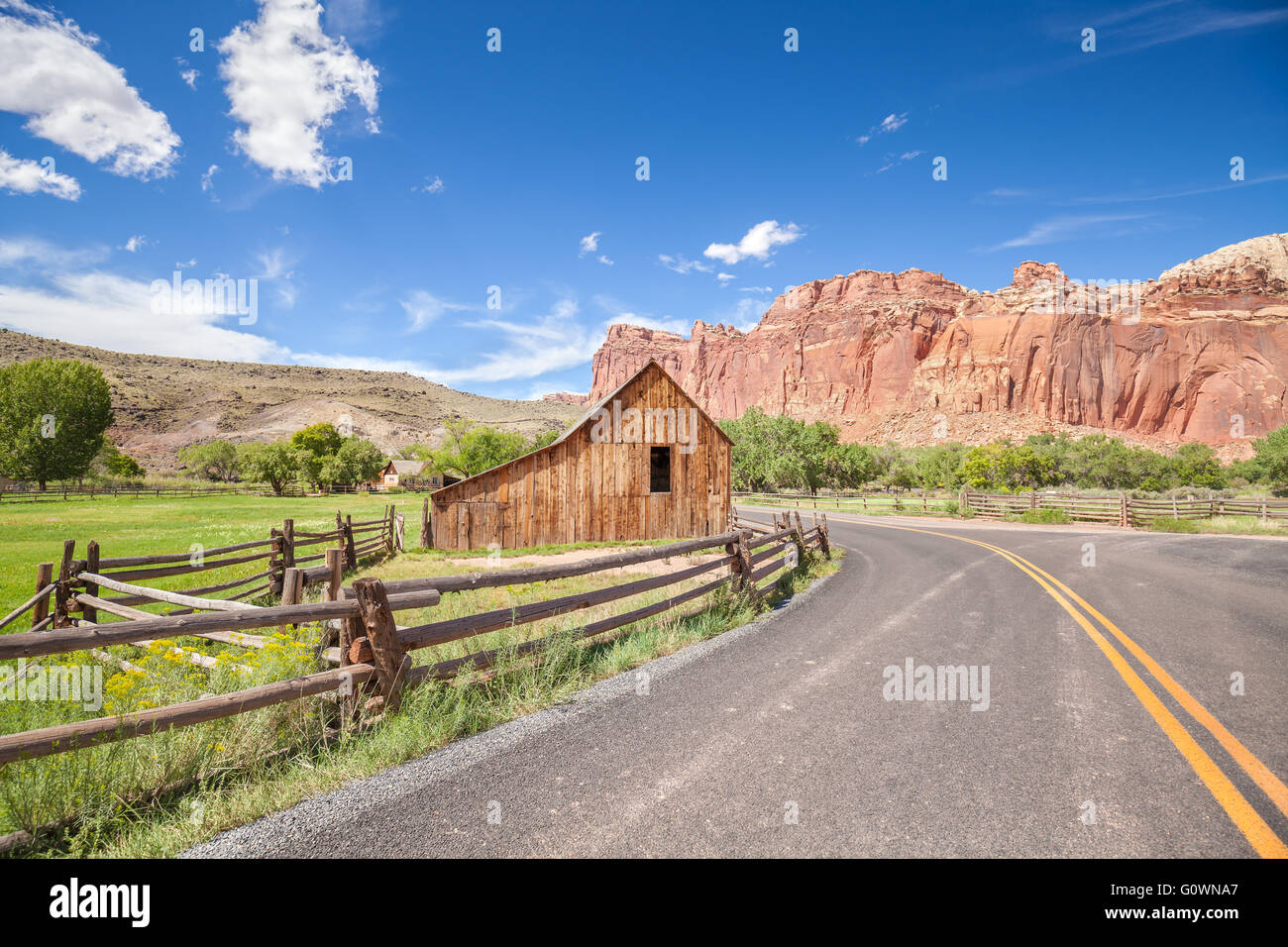 Gifford Barn by a road in Capitol Reef National Park, USA Stock Photo ...