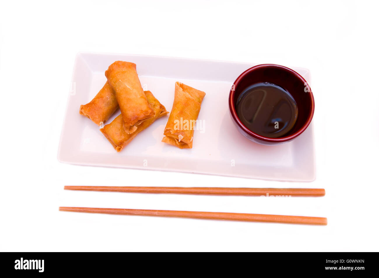 Tray with spring rolls on a white background seen from above Stock ...
