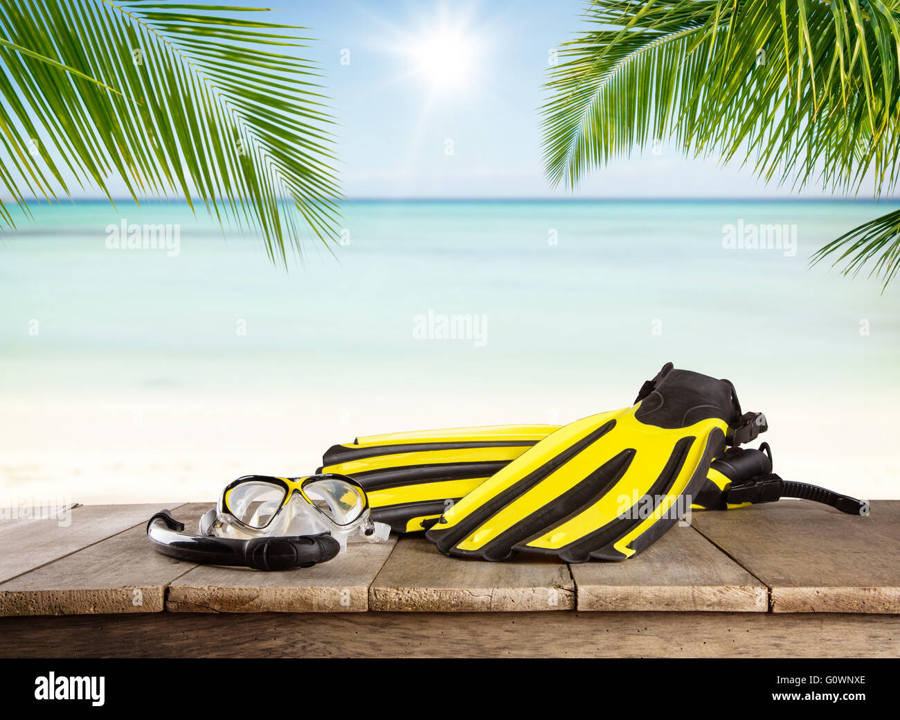 Mask, fins and snorkel on wooden desk. Equipment for diving. Tropical ...