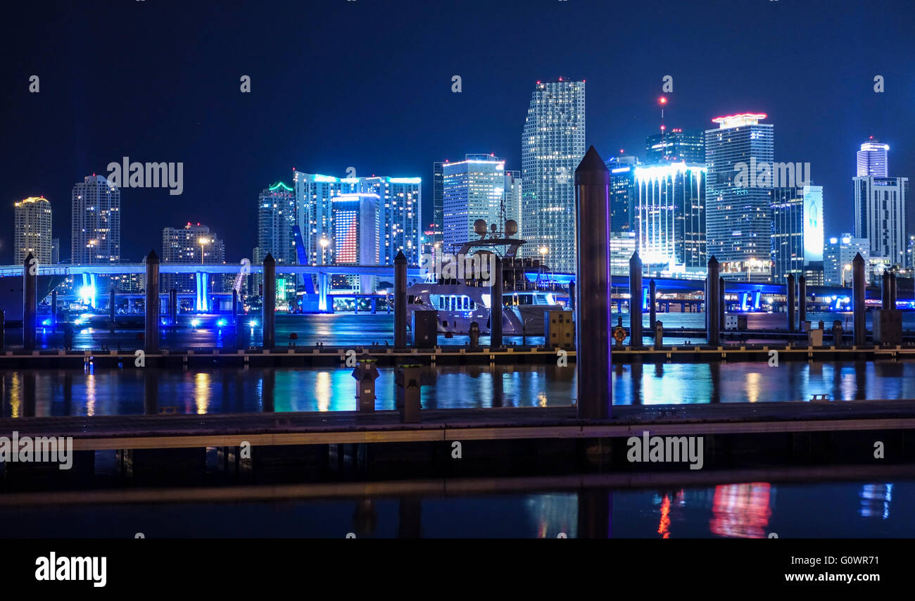Colorful Miami skyline by night Stock Photo - Alamy