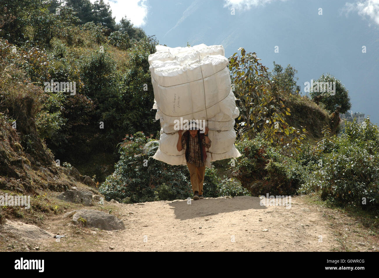 A Porter, Sherpa, Carrying His Wares On The Himalayan Trail, Nepal ...