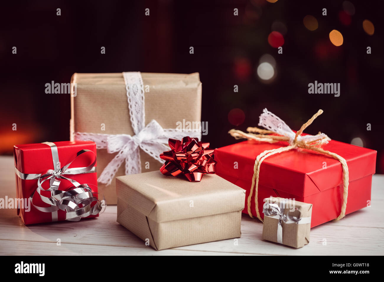 Composite image of presents on a table Stock Photo - Alamy
