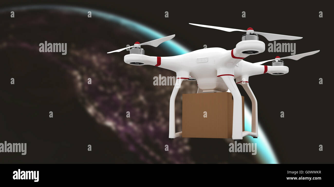 Composite image of a drone bringing a cardboard box Stock Photo - Alamy