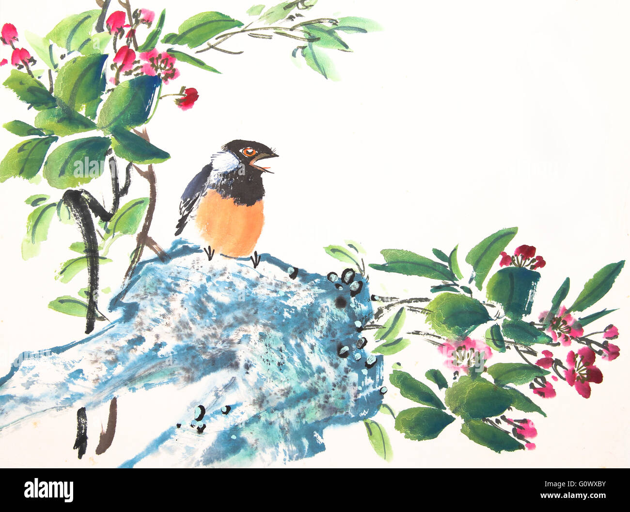 Chinese ink painting bird and plant Stock Photo - Alamy