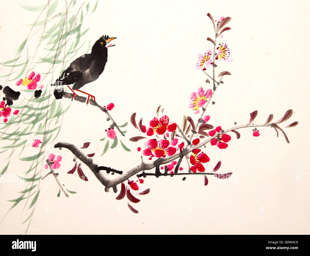 Chinese ink painting bird and plant Stock Photo - Alamy
