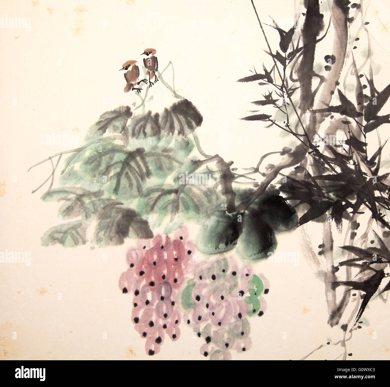 Chinese ink painting bird and plant Stock Photo - Alamy