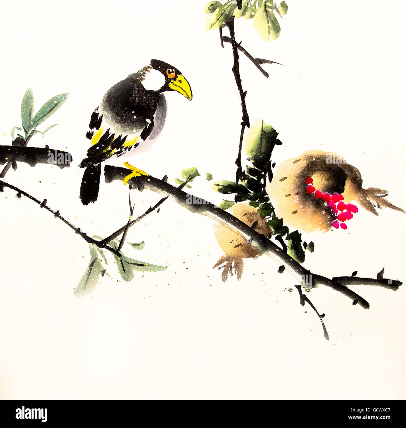 Chinese ink painting bird and plant Stock Photo - Alamy