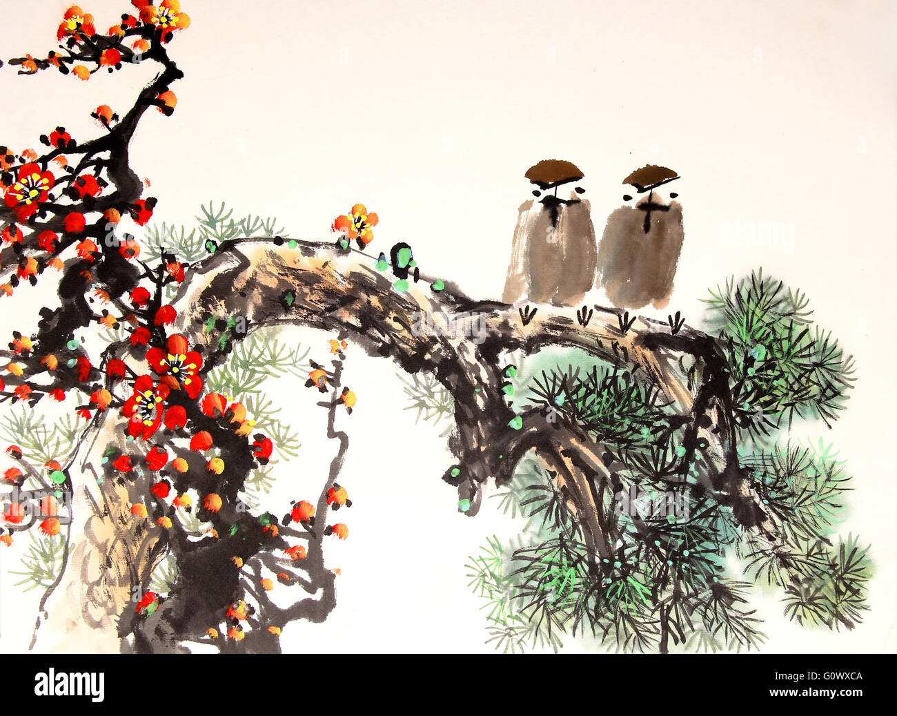 Chinese ink painting bird and plant Stock Photo - Alamy