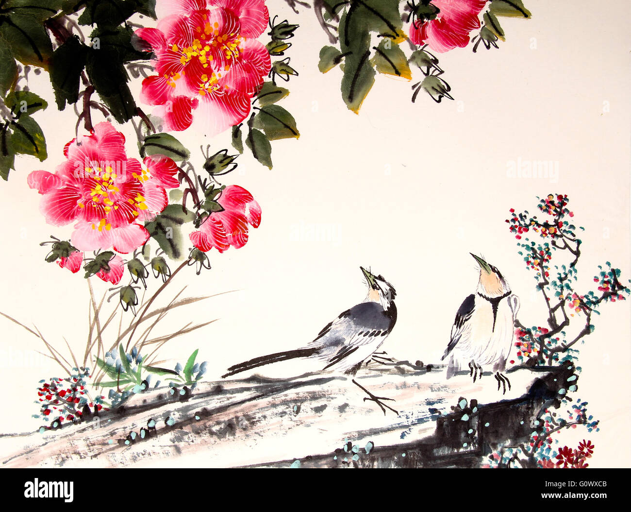 Chinese ink painting bird and plant Stock Photo - Alamy