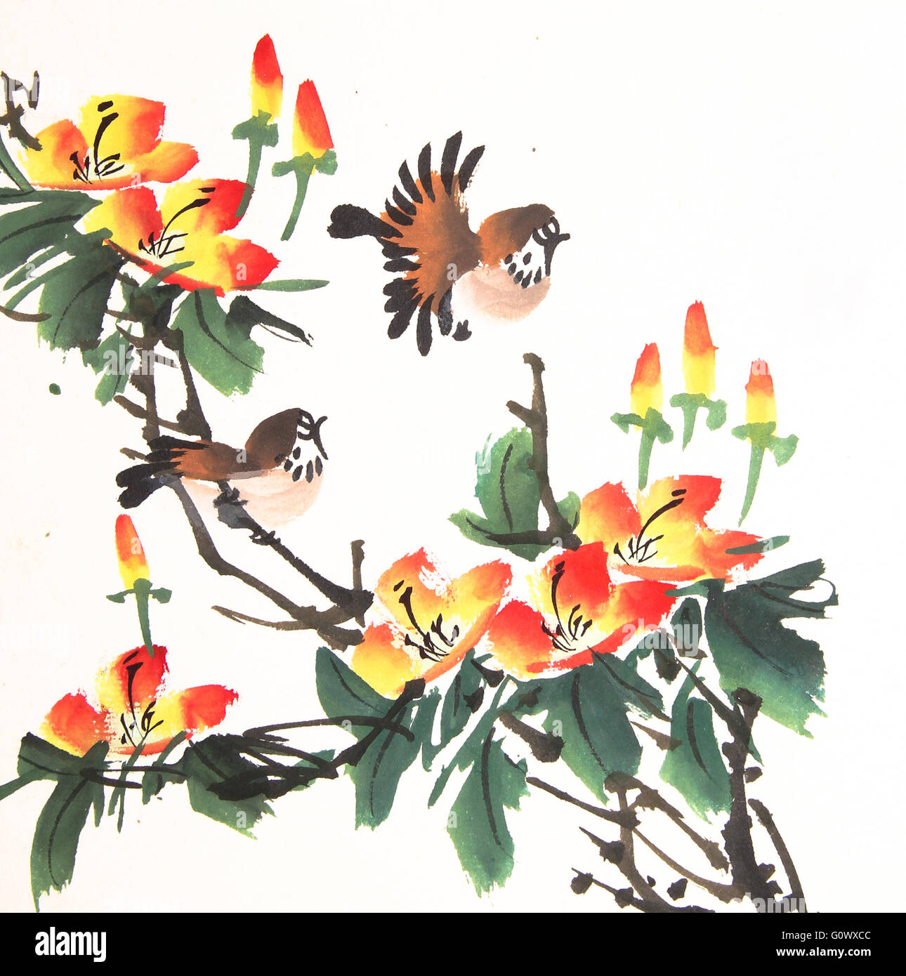 Chinese ink painting bird and plant Stock Photo - Alamy