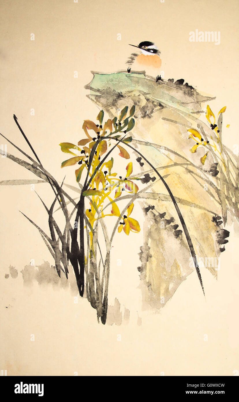 Chinese ink painting bird and plant Stock Photo - Alamy