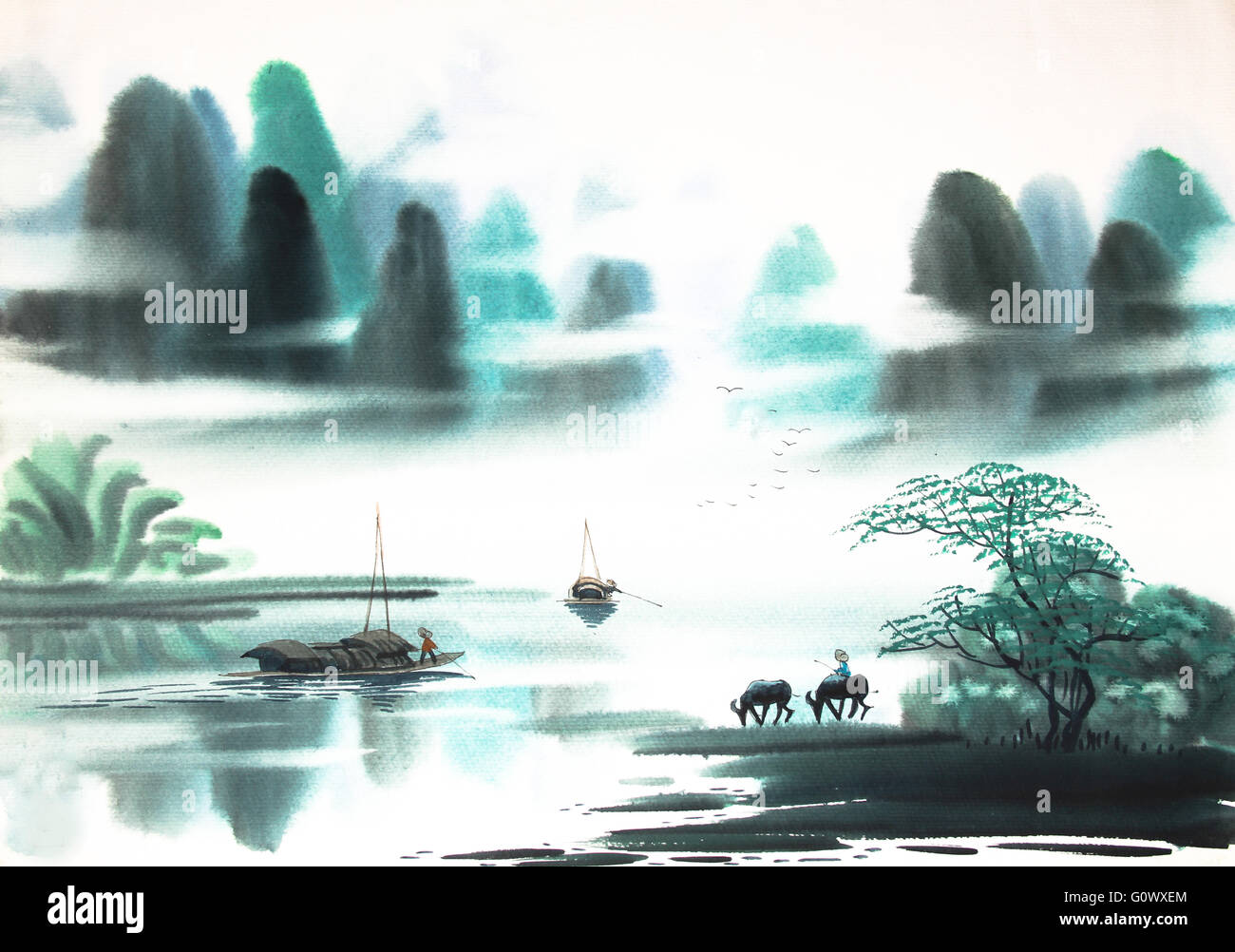 Chinese landscape watercolor painting Stock Photo - Alamy