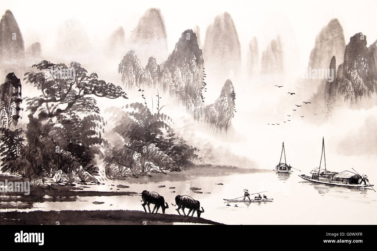 Chinese landscape watercolor painting Stock Photo - Alamy