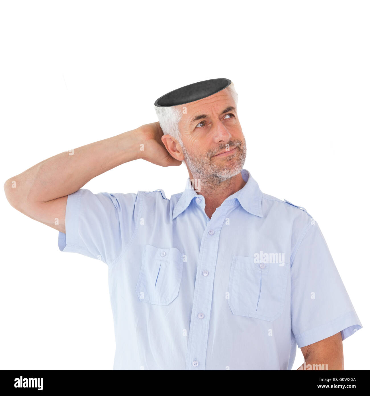 Thinking man posing with hand behind head Stock Photo - Alamy