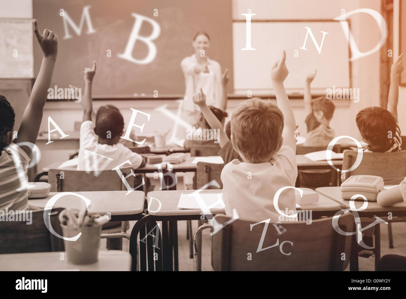 Happy pupils raising their hands class hi-res stock photography and ...