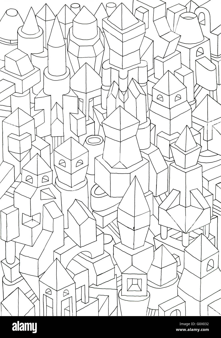 geometric forms drawn in pencil, ink on cartoon, jam of forms and ...