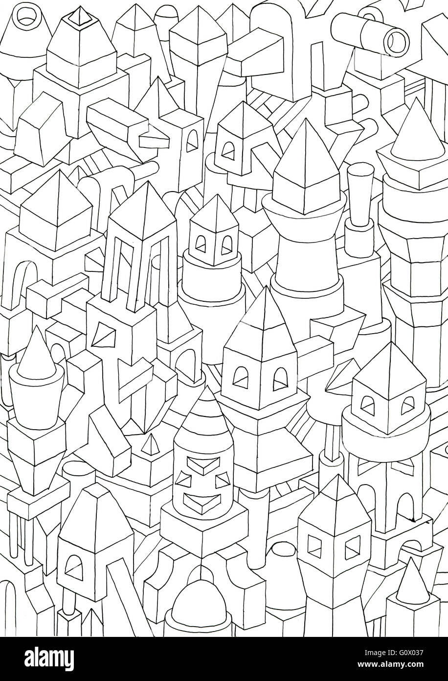 geometric forms drawn in pencil, ink on cartoon, jam of forms and ...