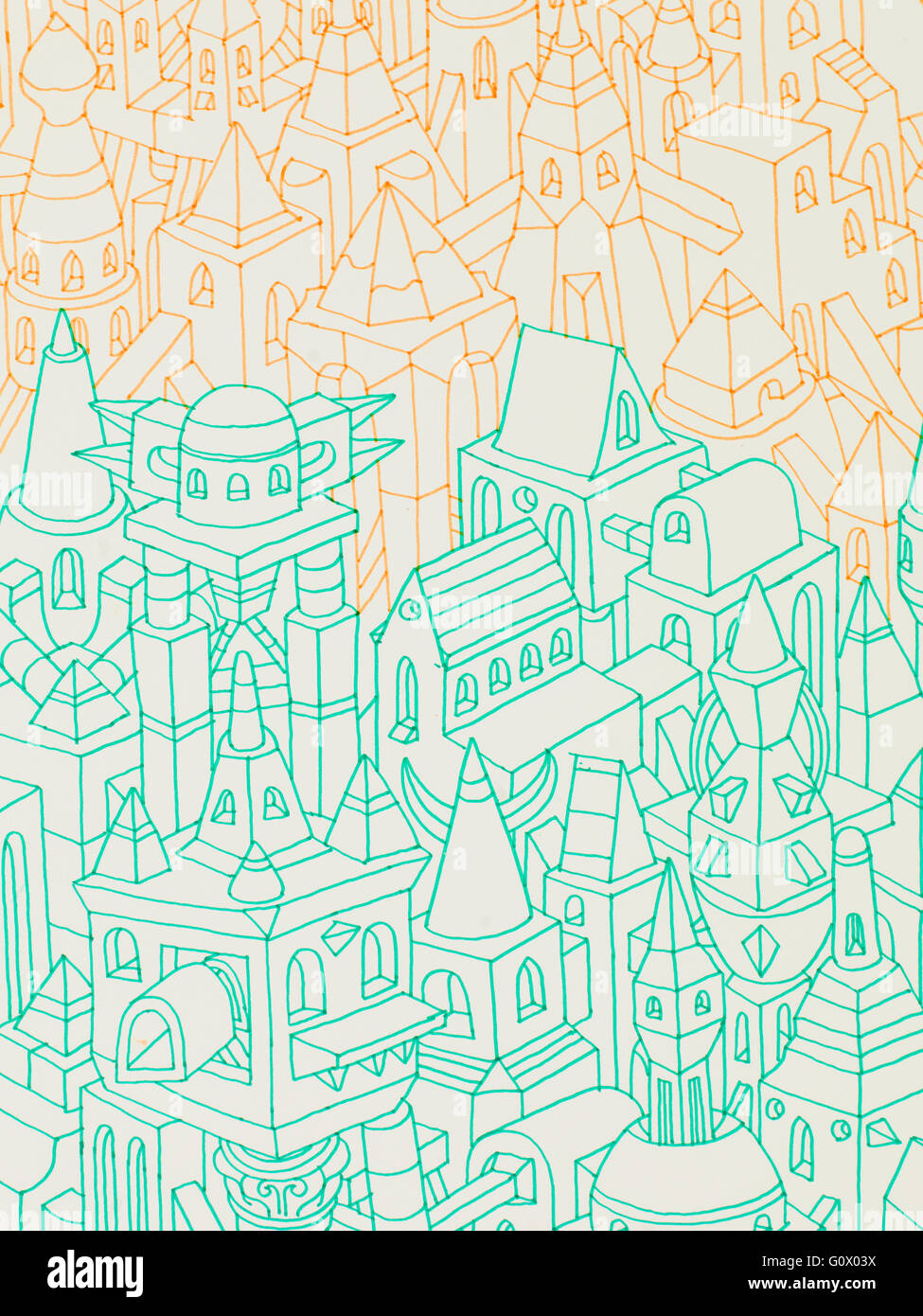 two colours sketches of cramped buildings/houses, drawing of geometric ...