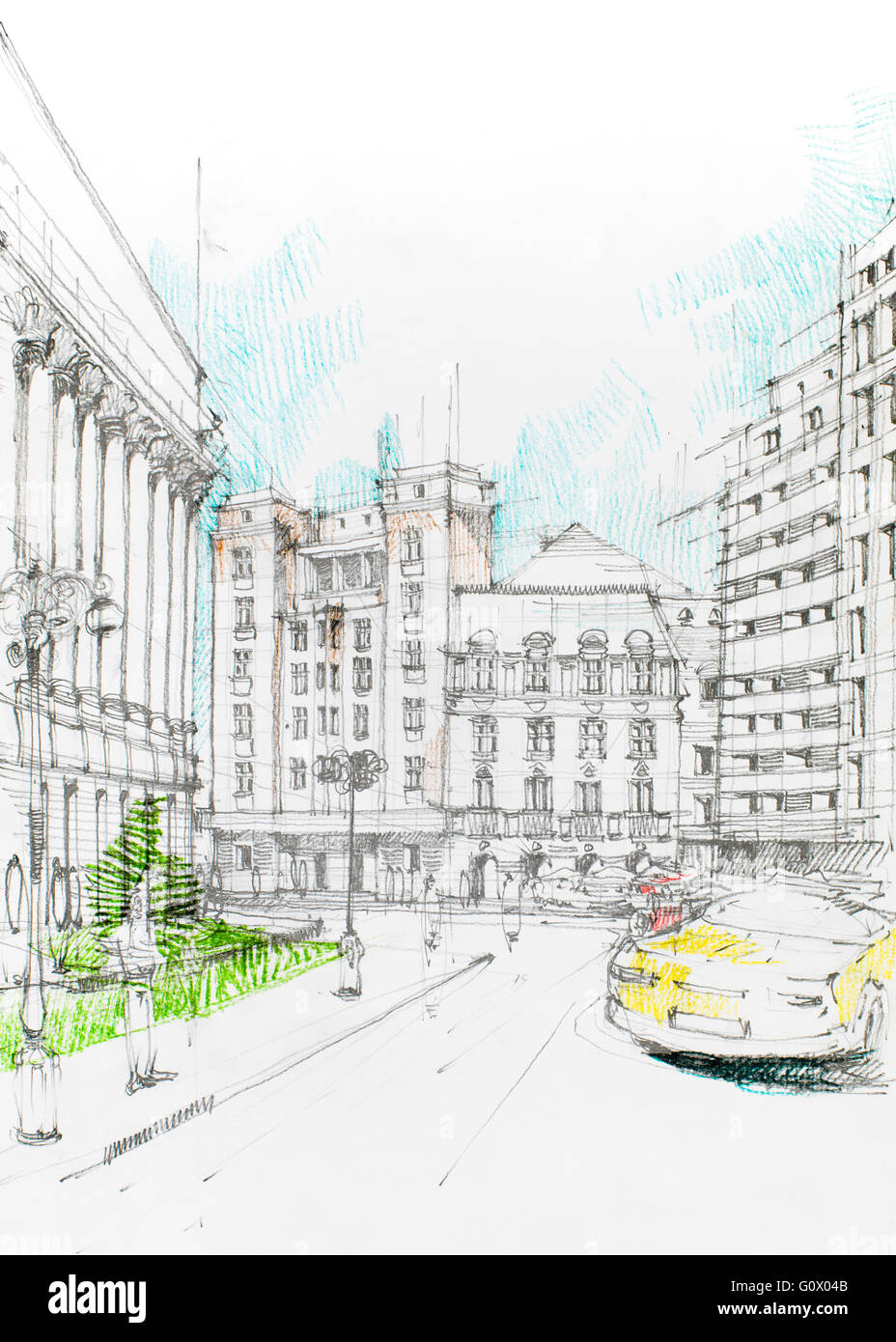 drawing of a broad view from a city with a yellow car on the street ...