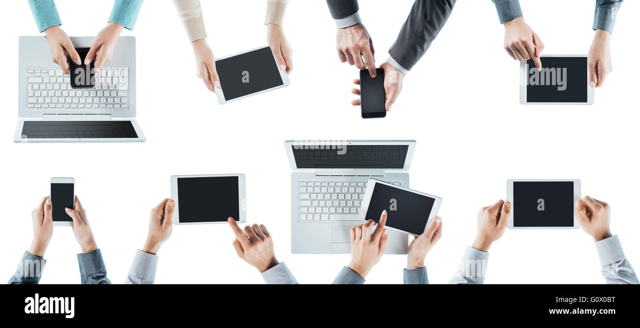 Business people team social networking, using computers, tablets and ...