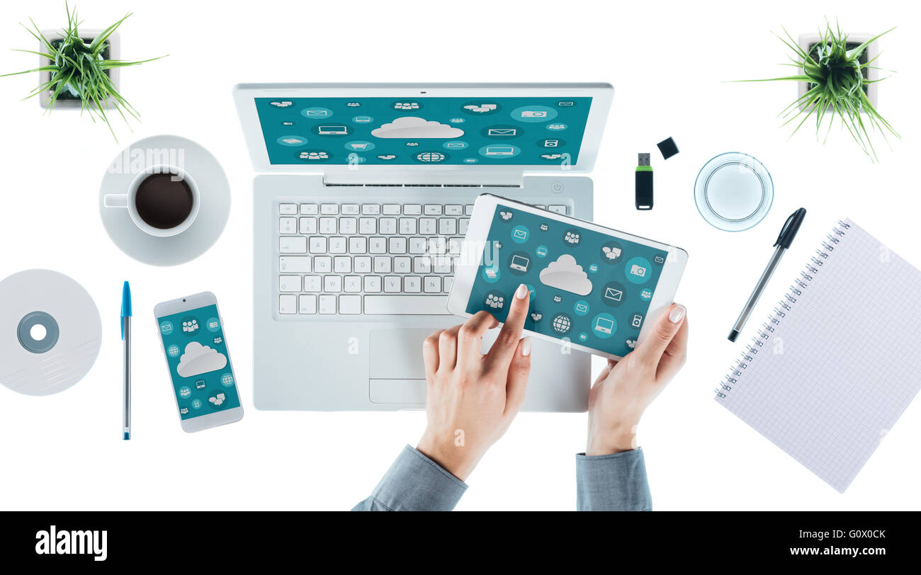 Cloud computing and multiplatform concept, user interface on laptop ...