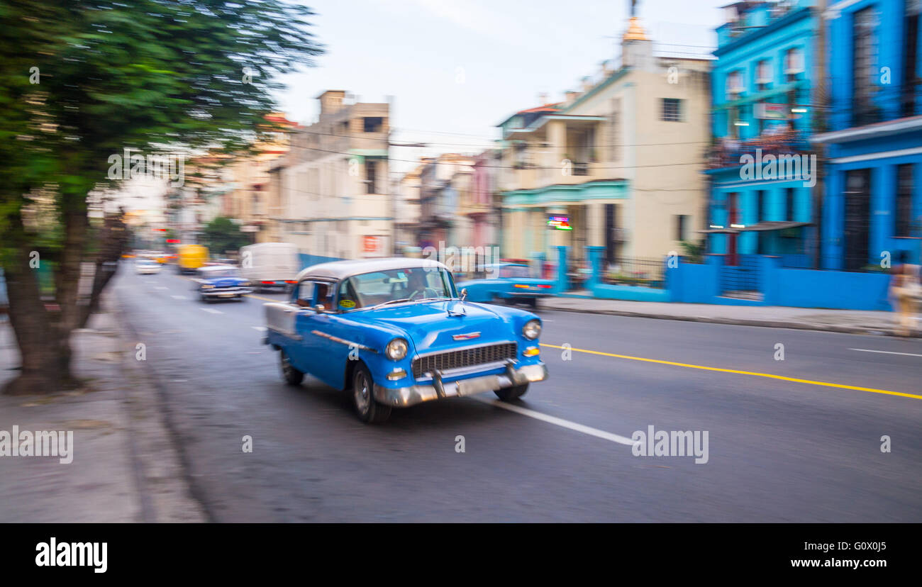Blue oldtimer in Cubas capital with blurred background - Havana, CUBA ...