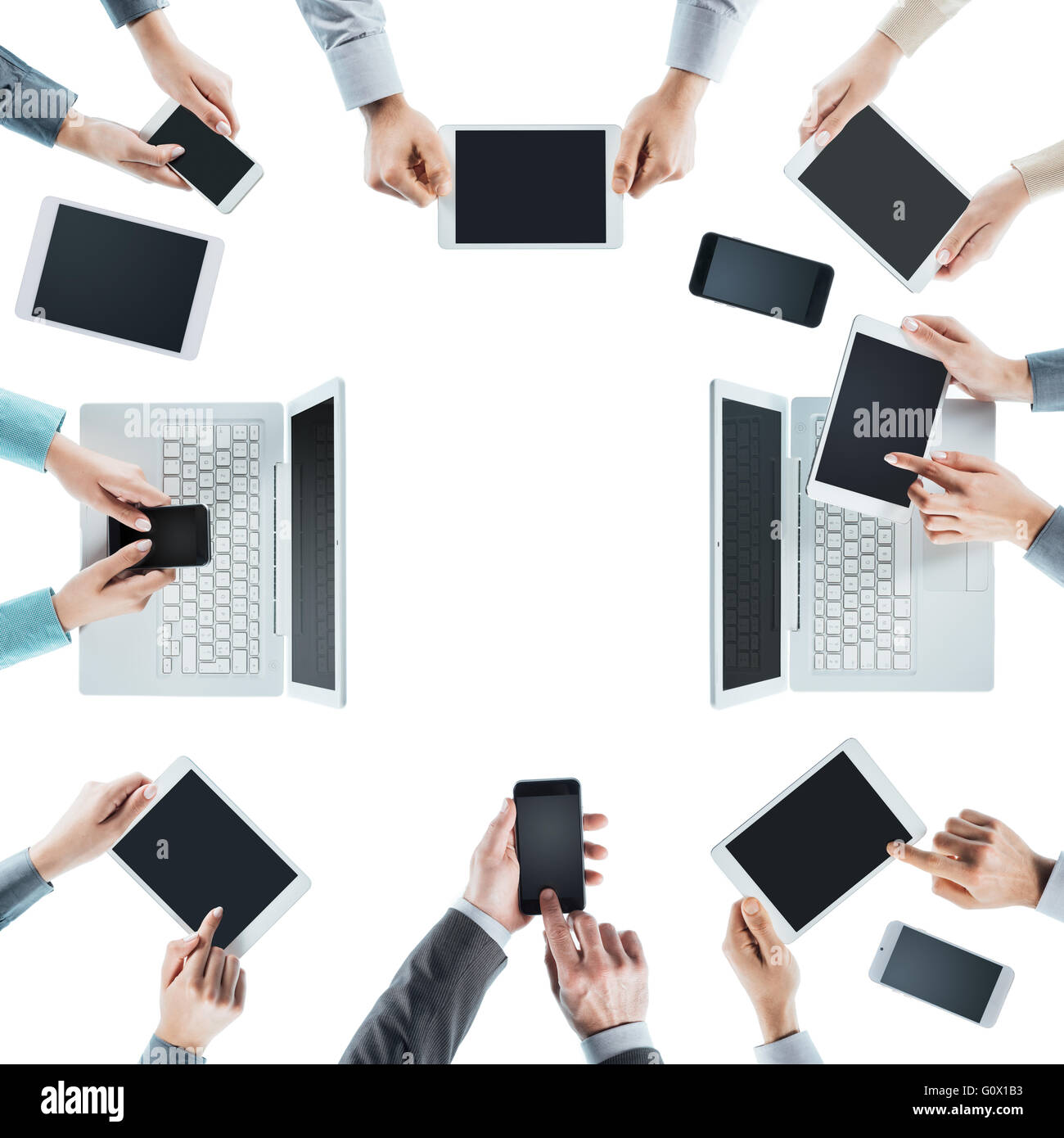 Business people team social networking and using computers, tablets and ...