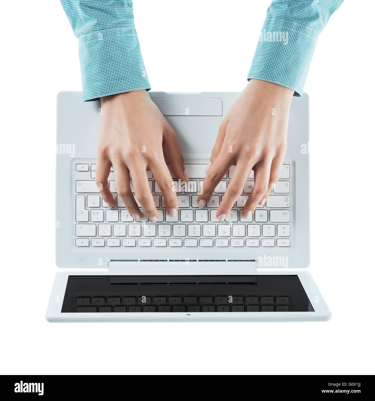 Business woman typing on a laptop keyboard on white background, top ...