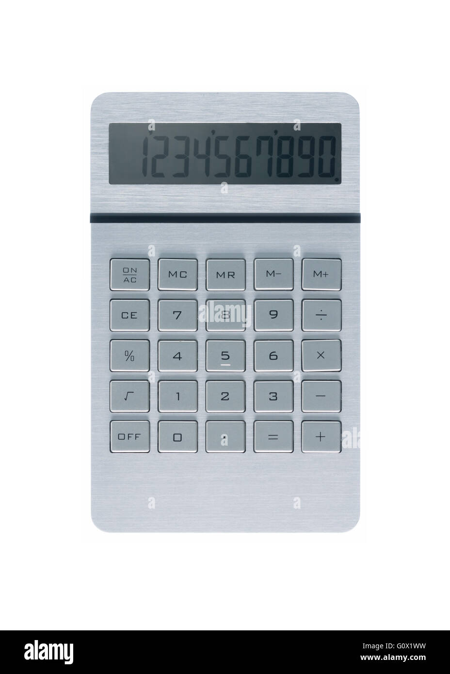 Silver metallic calculator on white background and numbers on display ...