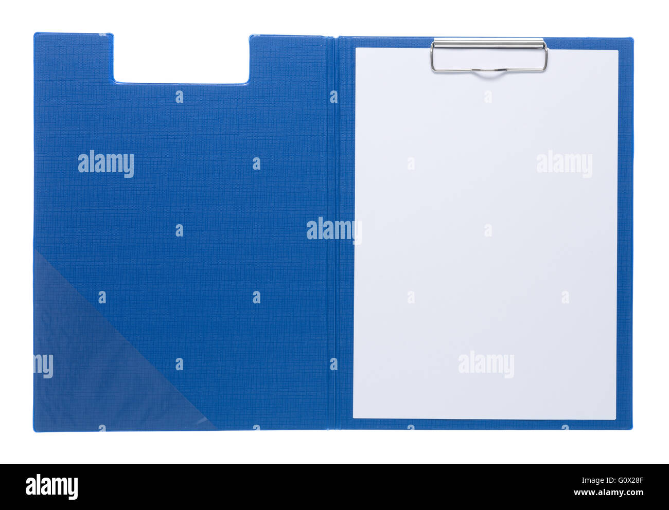 Blue clipboard with blank white sheet attached on white background ...