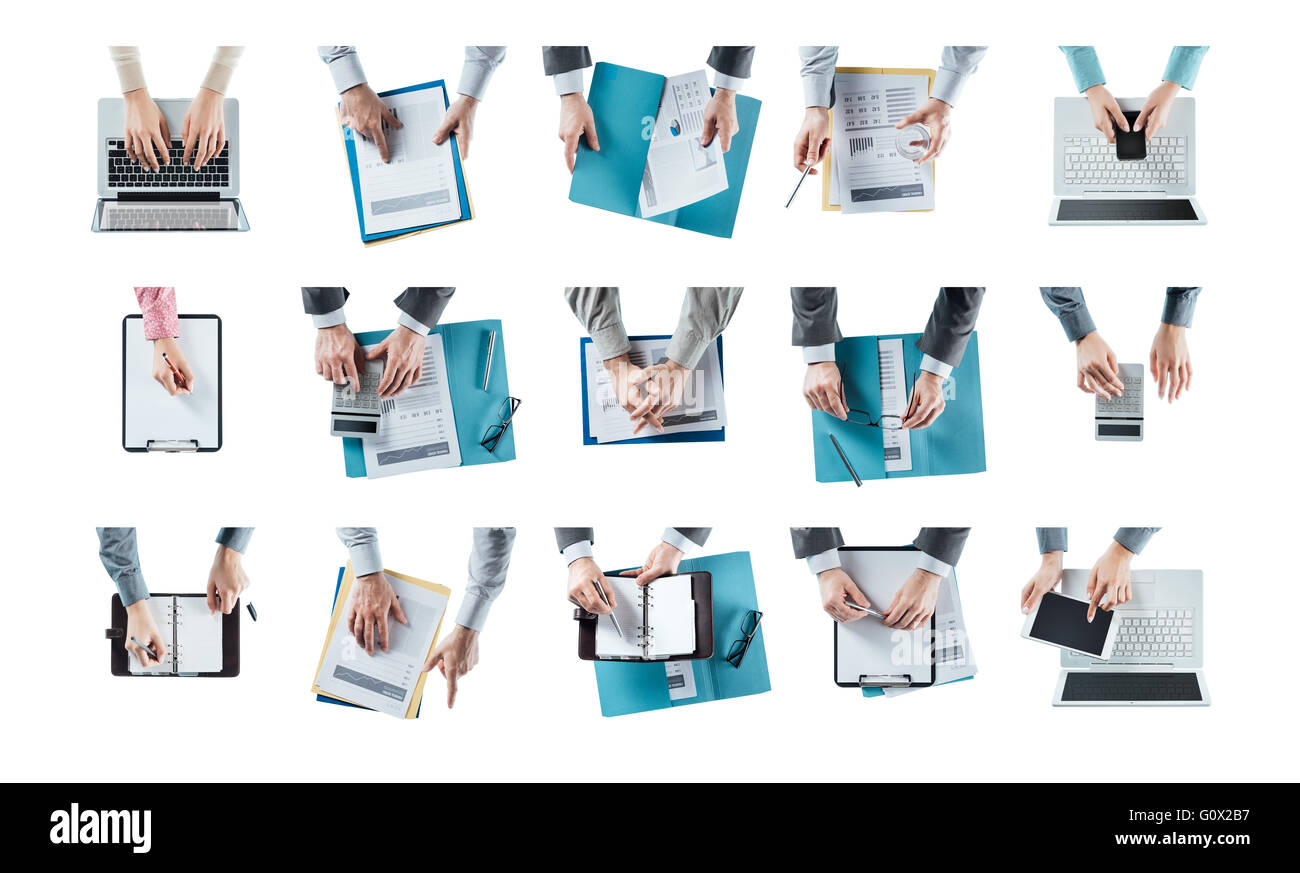 Business man hands at work set on white background, multitasking ...