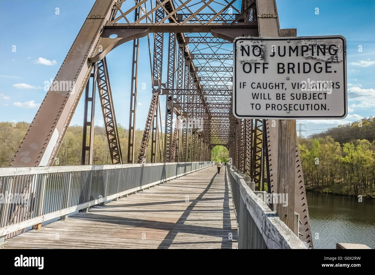 A steel girder bridge with a warning sign about not jumping ,in the ...