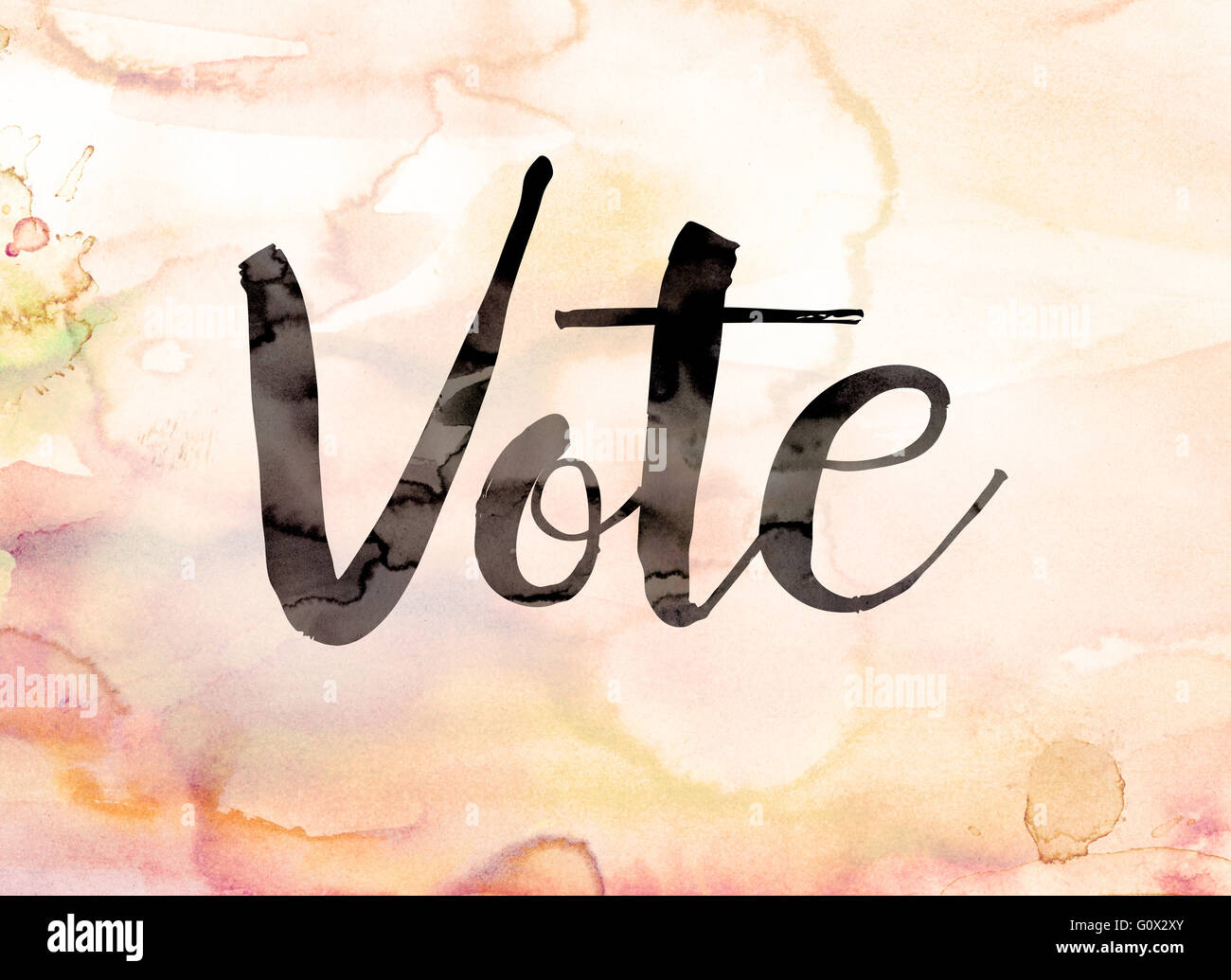 The word "Vote" written in black paint on a colorful watercolor washed ...